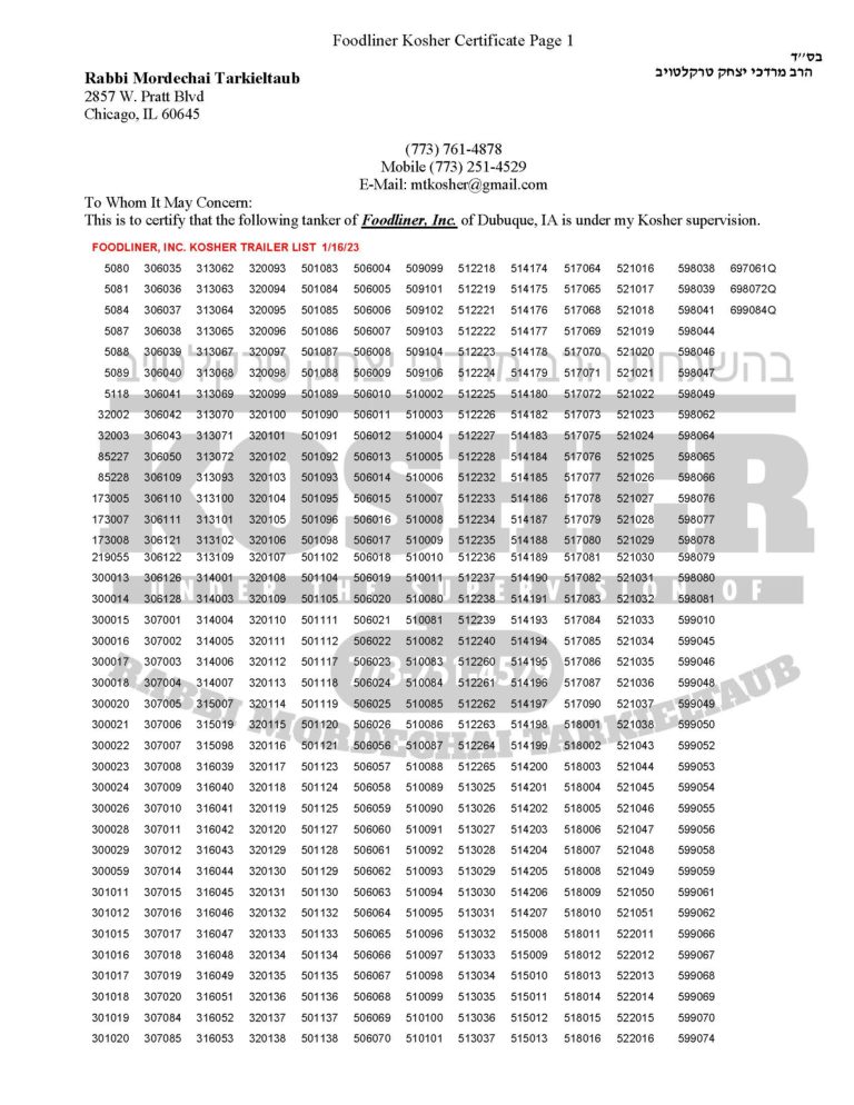 Kosher Trailer Certificate - Foodliner